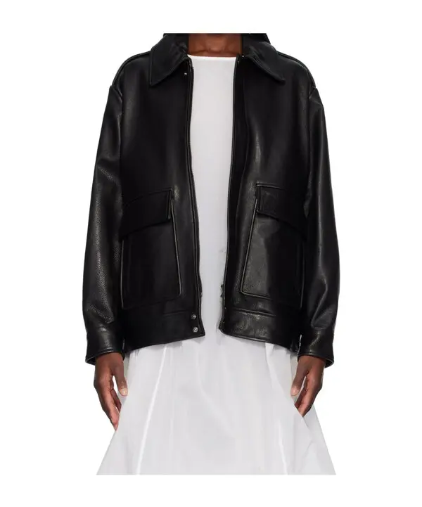 Nour Hammour Zip Up Leather Jacket With Drop Shoulder