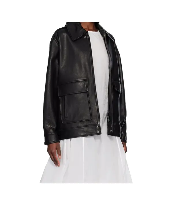 Nour Hammour Zip Up Leather Jacket With Drop Shoulder