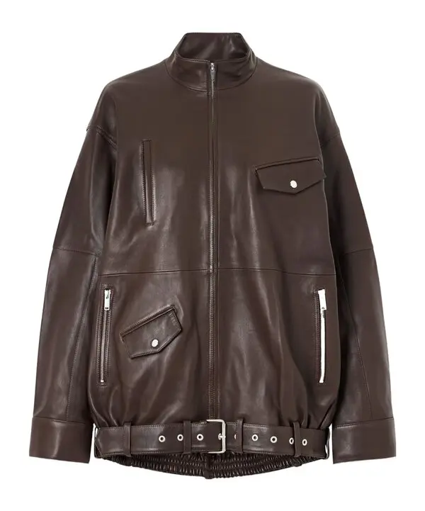 Tibi Belted Leather Bomber Jacket