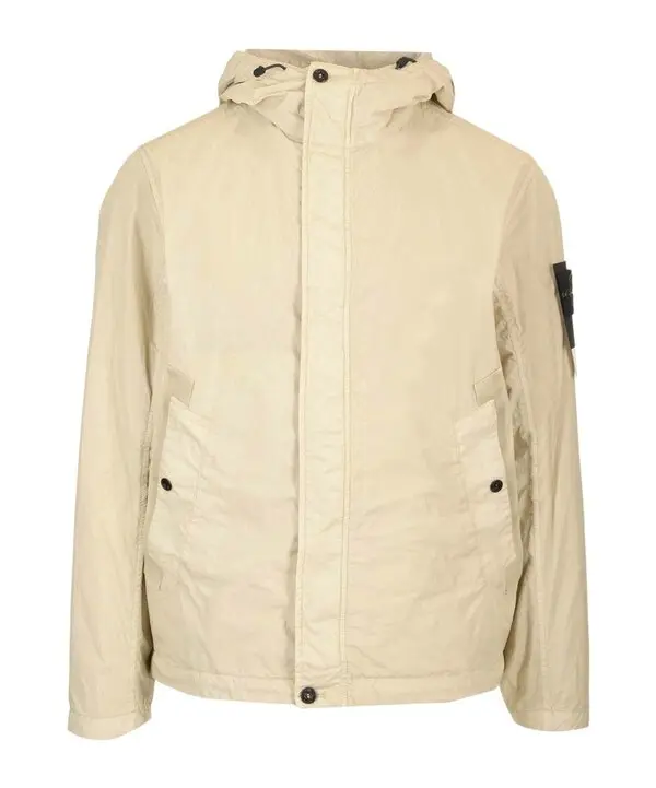 Stone Island Hooded Short Jacket With Logo Patch - Sand