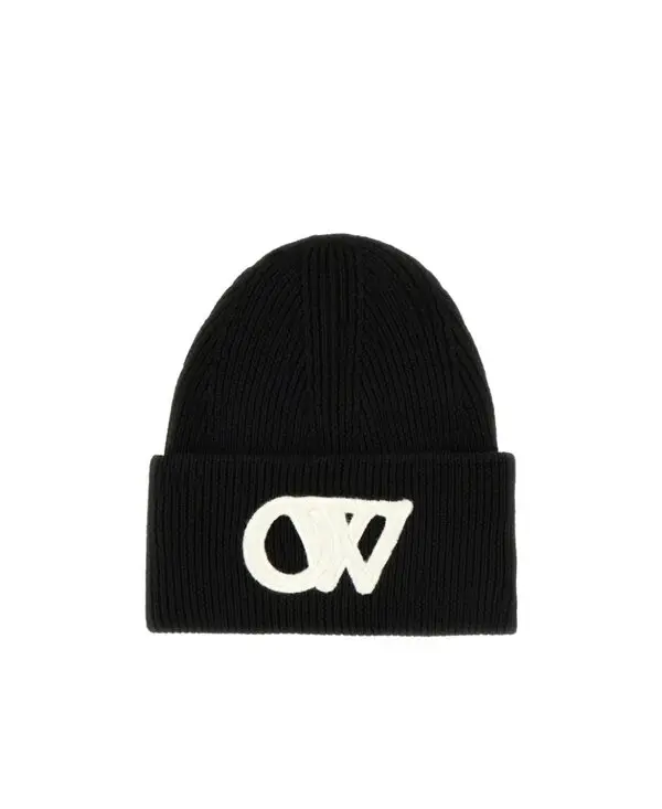 Off-White Logo-appliqué Rib-knitted Beanie - Black