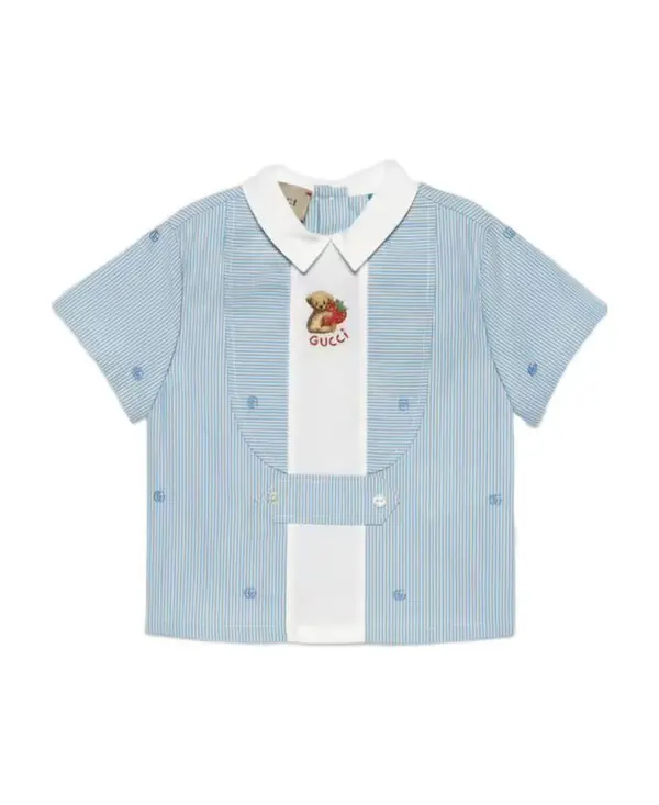 Gucci Striped Print Shirt With Teddy Bear Motif - Blue