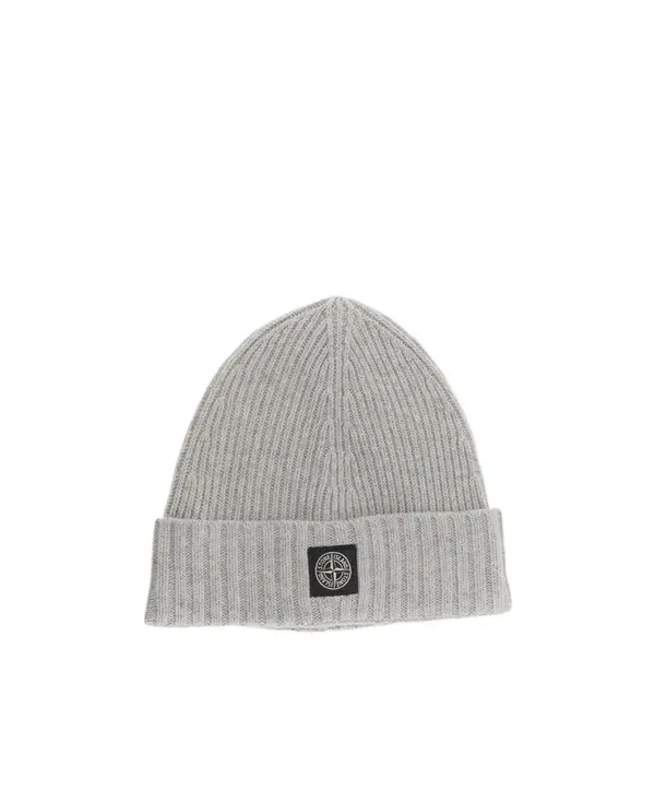 Stone Island Compass Patch Ribbed Knit Beanie - Gray