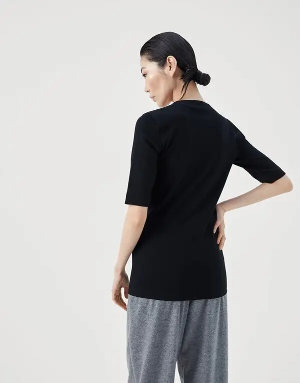Brunello Cucinelli V-neck Rib Knit Top With Beaded Lace Detail - Black