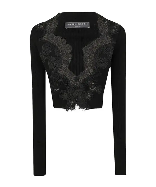 Ermanno Scervino Lace Trim Cropped Cardigan - Black