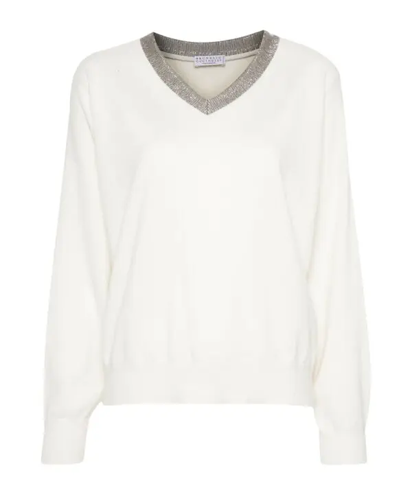 Brunello Cucinelli Long Sleeve V-neck Sweater With Monili Chain Detail