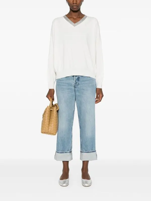 Brunello Cucinelli Long Sleeve V-neck Sweater With Monili Chain Detail