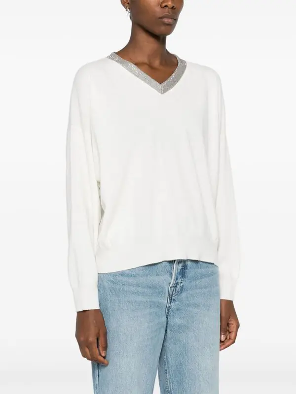 Brunello Cucinelli Long Sleeve V-neck Sweater With Monili Chain Detail