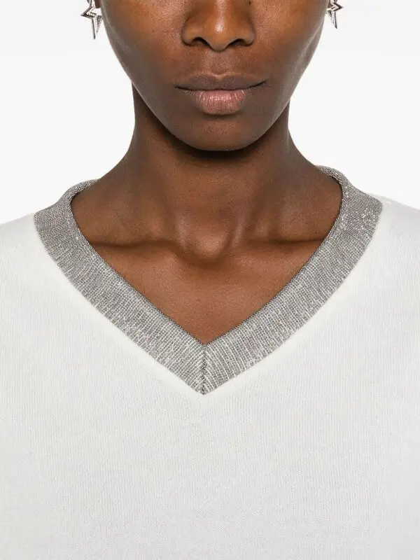 Brunello Cucinelli Long Sleeve V-neck Sweater With Monili Chain Detail