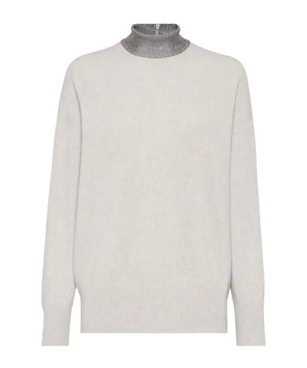Brunello Cucinelli Rib Knit Cashmere Jumper With Monili Chain Detail