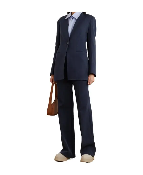 THE ROW Navy Blue Logo Wool Twill Flared Dress Pants