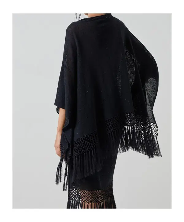 Brunello Cucinelli Sequin-embellished Knitted Cape With Rope Fringe