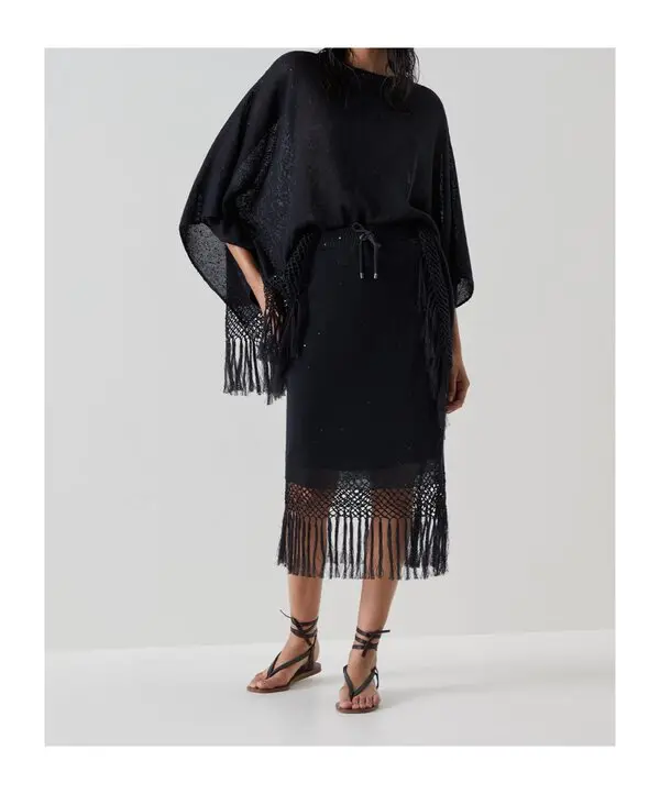 Brunello Cucinelli Sequin-embellished Knitted Cape With Rope Fringe