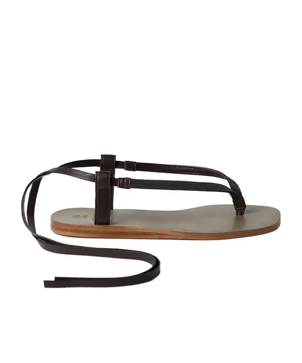 Brunello Cucinelli Ankle-tie Embellished Leather Flat Sandals - Black