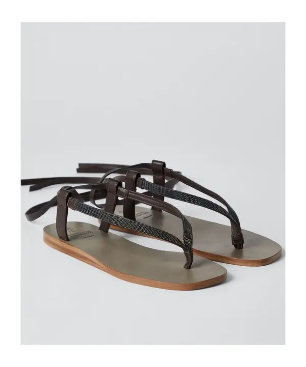 Brunello Cucinelli Ankle-tie Embellished Leather Flat Sandals