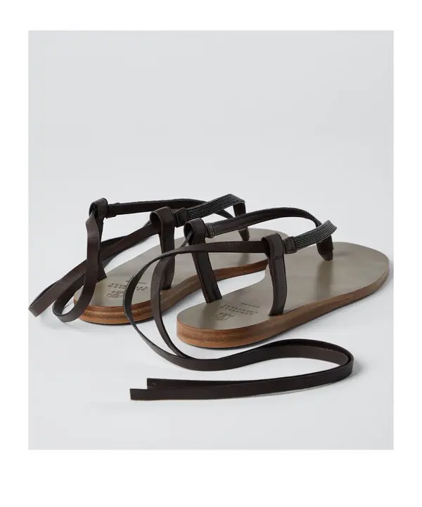 Brunello Cucinelli Ankle-tie Embellished Leather Flat Sandals