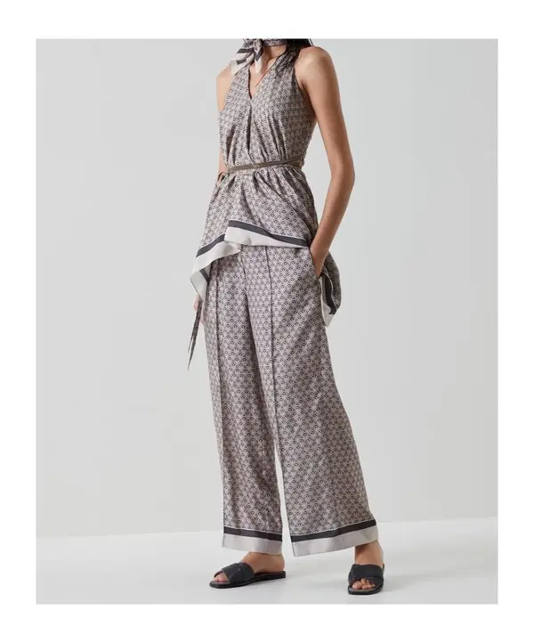 Brunello Cucinelli Geometric Print V-neck Silk Top