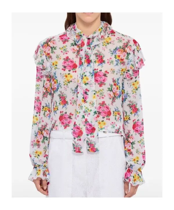 MSGM Floral Print Long Sleeve Tie Neck Shirt