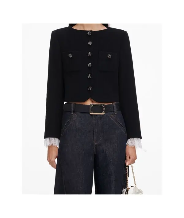 SELF-PORTRAIT Button-detailed Cropped Jacket With Lace Cuffs