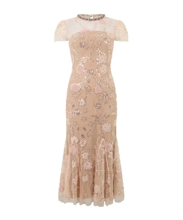 SELF-PORTRAIT Flower Sequin Embellished Midi Dress - Pink