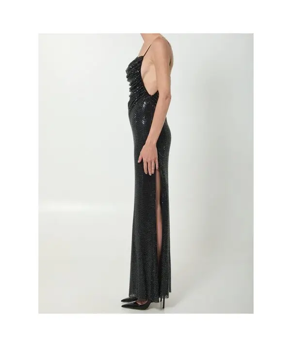 SELF-PORTRAIT Rhinestone Draped Maxi Dress