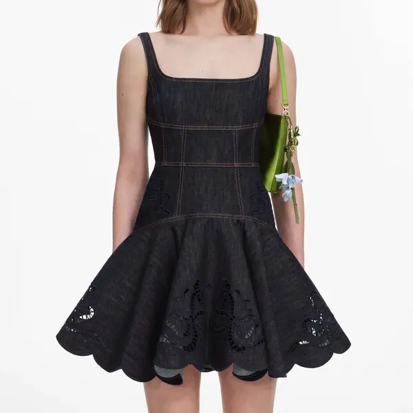 SELF-PORTRAIT Broderie Denim Mini Dress - Indigo