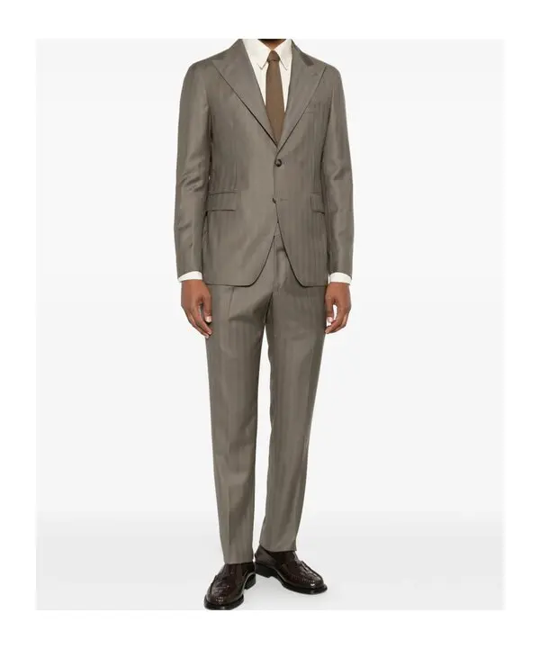Tagliatore Long-sleeved Herringbone Suit Jacket - Brown