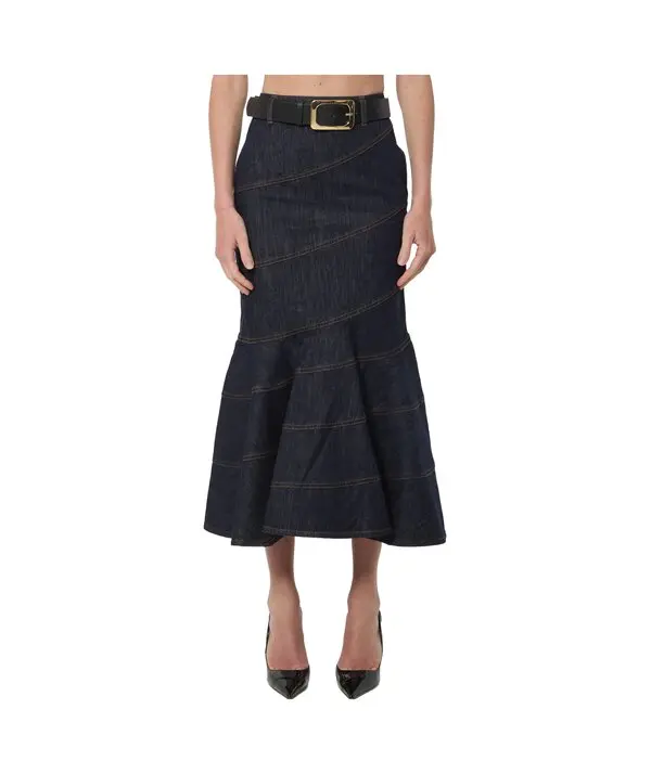 SELF-PORTRAIT Denim Fishtail Hem Midi Skirt