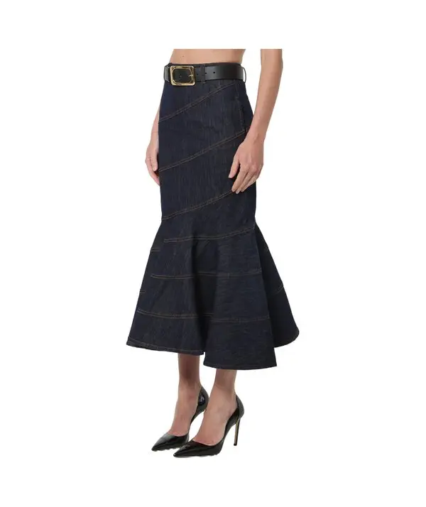 SELF-PORTRAIT Denim Fishtail Hem Midi Skirt