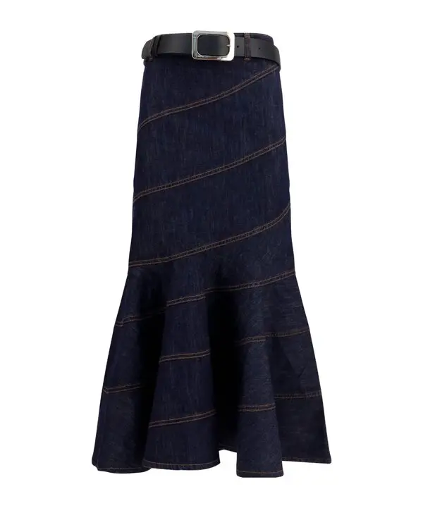 SELF-PORTRAIT Denim Fishtail Hem Midi Skirt - Black