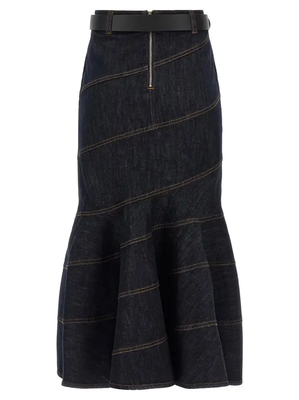SELF-PORTRAIT Denim Fishtail Hem Midi Skirt - Black