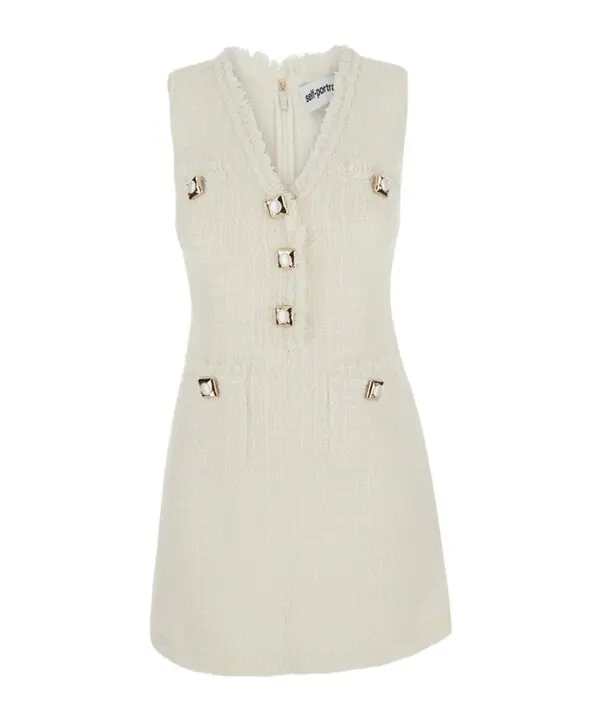 SELF-PORTRAIT Sleeveless Bouclé Mini Dress With Braided Trims And Gold Button Detailing