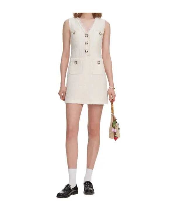SELF-PORTRAIT Sleeveless Bouclé Mini Dress With Braided Trims And Gold Button Detailing