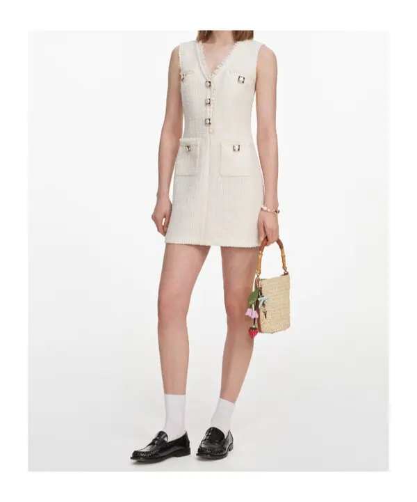 SELF-PORTRAIT Sleeveless Bouclé Mini Dress With Braided Trims And Gold Button Detailing
