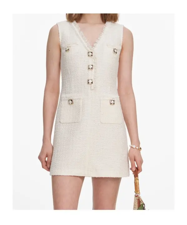 SELF-PORTRAIT Sleeveless Bouclé Mini Dress With Braided Trims And Gold Button Detailing
