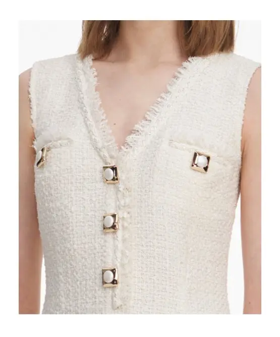 SELF-PORTRAIT Sleeveless Bouclé Mini Dress With Braided Trims And Gold Button Detailing