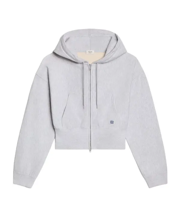 Celine Cropped Cotton Fleece Hoodie With Triumphal Embroidery