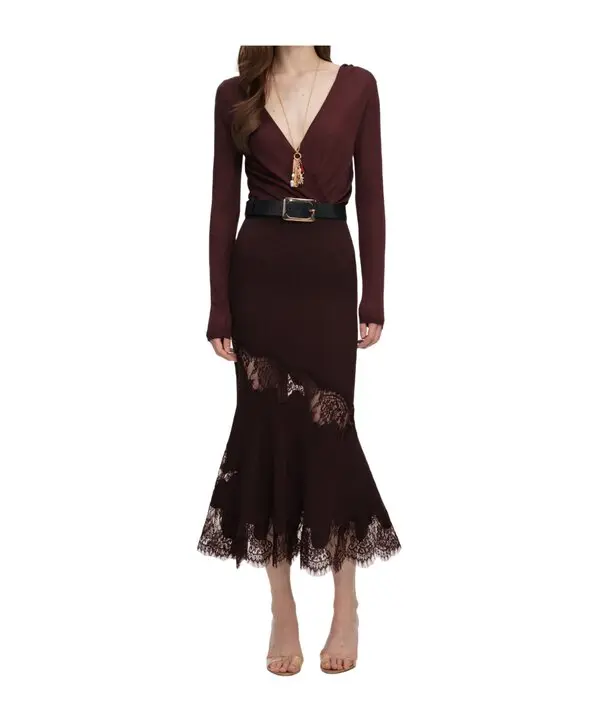 SELF-PORTRAIT Ribbed Knit Midi Skirt With Lace Inserts - Brown