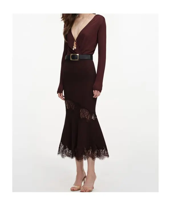 SELF-PORTRAIT Ribbed Knit Midi Skirt With Lace Inserts