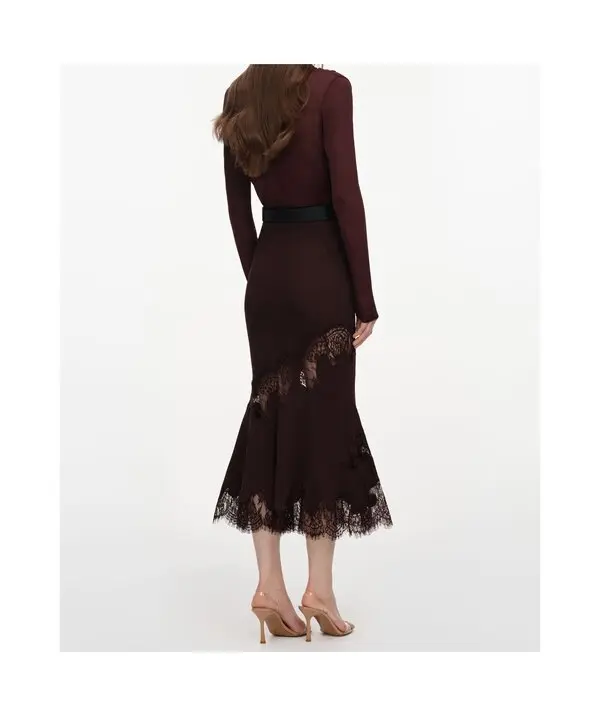 SELF-PORTRAIT Ribbed Knit Midi Skirt With Lace Inserts