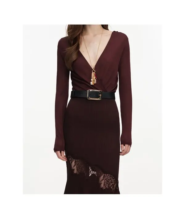 SELF-PORTRAIT Ribbed Knit Midi Skirt With Lace Inserts