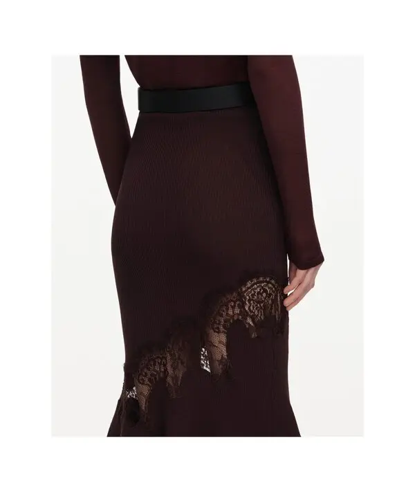 SELF-PORTRAIT Ribbed Knit Midi Skirt With Lace Inserts