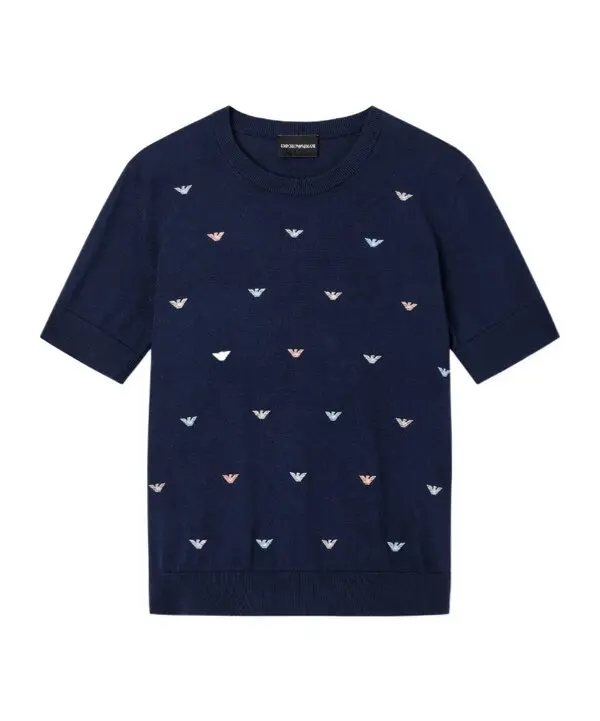 Emporio Armani Short Sleeve Jumper With Micro Eagle Embroidery - Blue