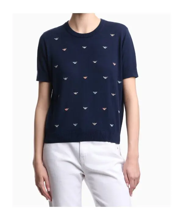 Emporio Armani Short Sleeve Jumper With Micro Eagle Embroidery - Blue