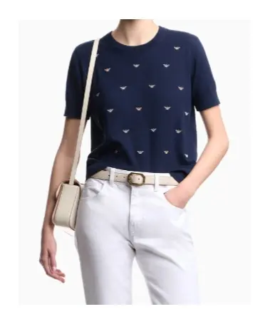Emporio Armani Short Sleeve Jumper With Micro Eagle Embroidery - Blue