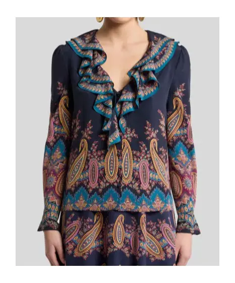 Etro Paisley-print Ruffled V-neck Top
