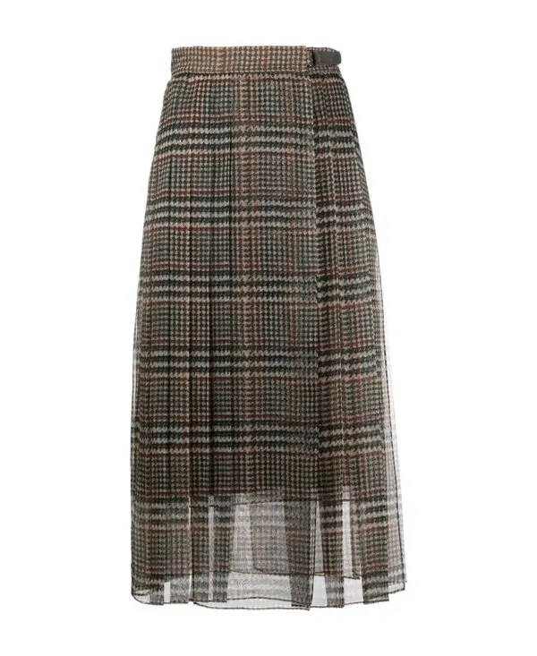 Brunello Cucinelli Pleated Checked Midi Skirt