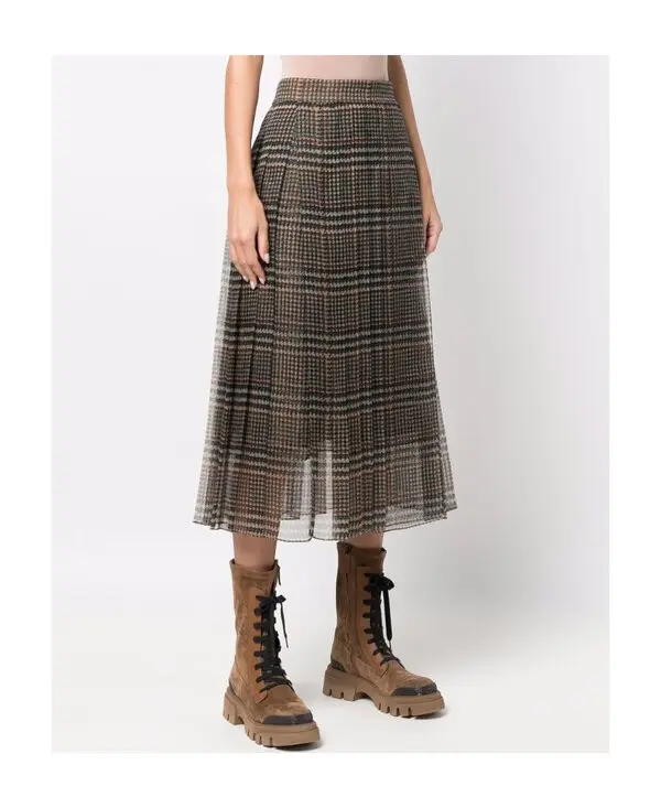 Brunello Cucinelli Pleated Checked Midi Skirt