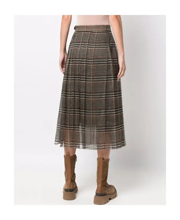 Brunello Cucinelli Pleated Checked Midi Skirt