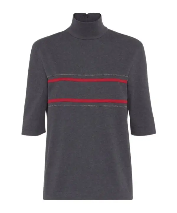 Brunello Cucinelli High Neck Striped Cotton Top